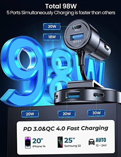 MOKPR 5 Multi USB Car Charger, 98W Fast Car Charger Adapter for Multiple Devices, PD & QC3.0 Cigarette Lighter Adapter Car Cell Phone Charger with 5FT Cable for iPhone 14/13 iPad Samsung Android