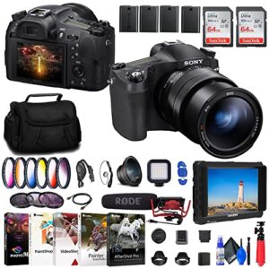 sony cyber-shot dsc-rx10 iv digital camera (dscrx10m4/b) + 4k monitor + rode videomic + filter kit + wide angle lens + telephoto lens + color filter kit + 2 x 64gb card + 3 x npf-w50 battery + more