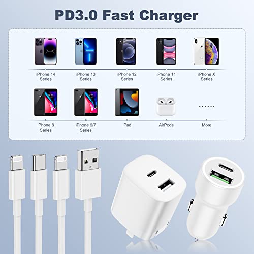 iPhone 14 13 Fast Charger Kit, PD 20W USB C Wall Charger Block + 20W Car Charger Adapter with 2Pack [Apple MFi Certified] 6ft Lightning Cable Fast Charging for iPhone 14 13 12 11 Pro Max Mini/iPad