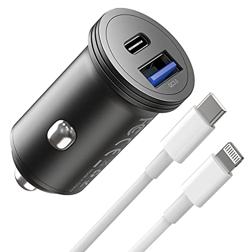 Car Charger for iPhone 13, 43W Fast USB C Car Charger Adapter Dual Port, 25W USB-C & 18W USB iPhone Car Charger Aluminum Alloy with Lightning Cable for iPhone 13/12 Pro Max/11 Pro/XS/XR/8 and More