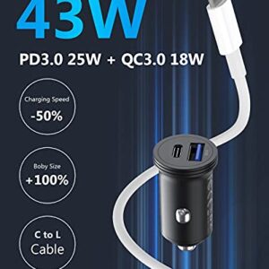 Car Charger for iPhone 13, 43W Fast USB C Car Charger Adapter Dual Port, 25W USB-C & 18W USB iPhone Car Charger Aluminum Alloy with Lightning Cable for iPhone 13/12 Pro Max/11 Pro/XS/XR/8 and More