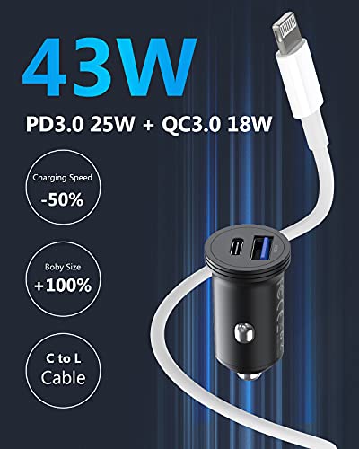 Car Charger for iPhone 13, 43W Fast USB C Car Charger Adapter Dual Port, 25W USB-C & 18W USB iPhone Car Charger Aluminum Alloy with Lightning Cable for iPhone 13/12 Pro Max/11 Pro/XS/XR/8 and More