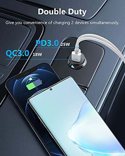 Car Charger for iPhone 13, 43W Fast USB C Car Charger Adapter Dual Port, 25W USB-C & 18W USB iPhone Car Charger Aluminum Alloy with Lightning Cable for iPhone 13/12 Pro Max/11 Pro/XS/XR/8 and More