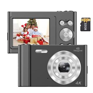 Camnoon 4K Digital Camera 48MP 2.4 Inch IPS Screen Auto Focus 16X Digital Zoom Anti-Shake Face Detect Smile Capture Built-in Flash & Battery with 32GB Memory Card for Kids Teens