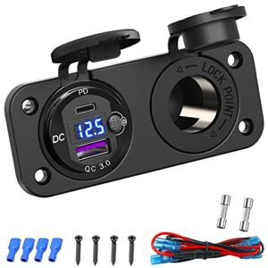 cigarette lighter socket 12 volt usb outlet: pd 20w usb c and qc3.0 car usb port aluminum metal 12v plug, 150w car charger usb socket panel with power switch led voltmeter for marine boat rv golf cart