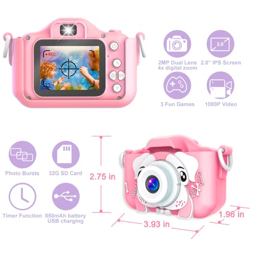 Sinceroduct Mini Kids Camera for Girls & Boys- 20MP Digital Camera for Kids & Toddlers – Kids Selfie Camera Video Camera, 2.0 Inch IPS Screen - 32GB SD Card Included - Pink