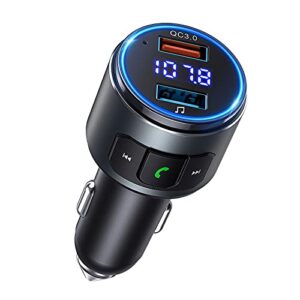 virfine bluetooth fm transmitter car, v5.0 bluetooth car adapter, bluetooth radio car, mp3 player qc3.0 quick charge, hands free calling, 2 playing modes, blue led display, black, medium (bh347)