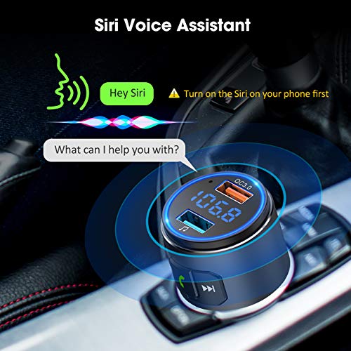 Virfine Bluetooth FM Transmitter Car, V5.0 Bluetooth Car Adapter, Bluetooth Radio Car, MP3 Player QC3.0 Quick Charge, Hands Free Calling, 2 Playing Modes, Blue led Display, Black, Medium (BH347)