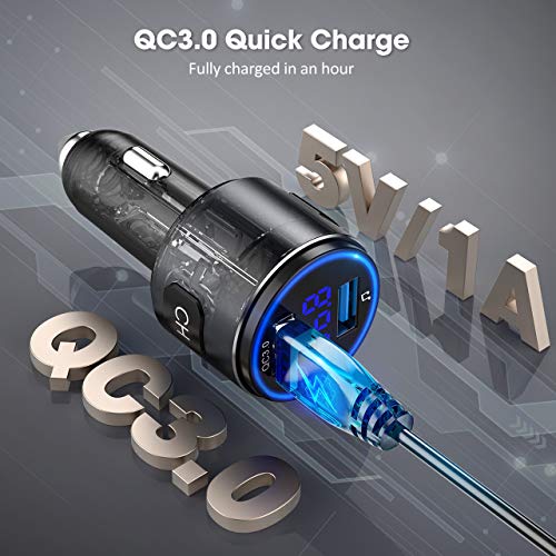 Virfine Bluetooth FM Transmitter Car, V5.0 Bluetooth Car Adapter, Bluetooth Radio Car, MP3 Player QC3.0 Quick Charge, Hands Free Calling, 2 Playing Modes, Blue led Display, Black, Medium (BH347)