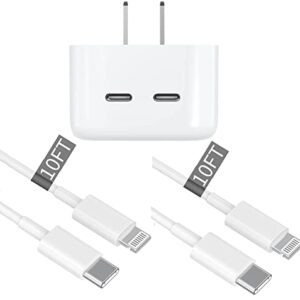 iPhone Fast Charger, 40W Dual USB-C Quick Wall Charger[Apple MFi Certified] 2 Pack 10FT Extra Long Lightning Cable+Double Port Foldable USBC Charger Fast Charging for iPhone 14/13/12/11/XR/XS/SE/iPad