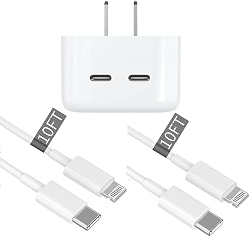 iPhone Fast Charger, 40W Dual USB-C Quick Wall Charger[Apple MFi Certified] 2 Pack 10FT Extra Long Lightning Cable+Double Port Foldable USBC Charger Fast Charging for iPhone 14/13/12/11/XR/XS/SE/iPad