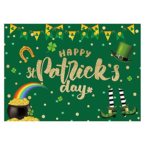 Funnytree 7x5FT Happy St. Patrick's Day Photography Backdrop Lucky Party Decoration Green Shamrocks Spring Rainbow Hat Leprechaun Legs Background Flags Banner Supplies