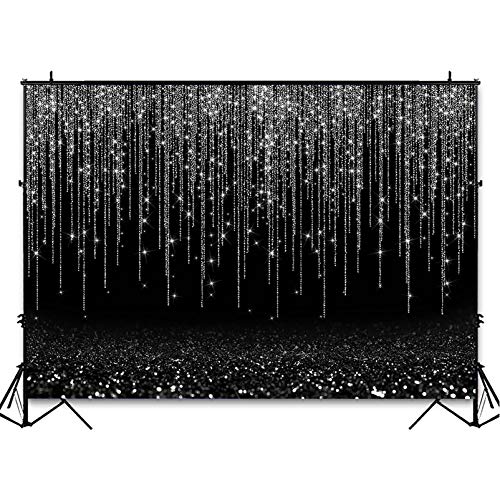 Avezano Black and Silver Glitter Sparkle Backdrop for Adult Kids Bday Party Decorations Photography Background Silver Black Bokeh Dots Wedding Birthday Party Decoration Photoshoot Backdrops (7x5ft)