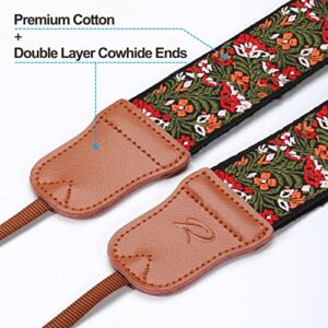 Camera Strap for All DSLR / SLR Cameras,Double Layer Cowhide Ends,2"Wide Pure Cotton Embroidered Woven Camera Strap,Adjustable Universal Neck & Shoulder Strap,Gift for Photographers（Green Flower）