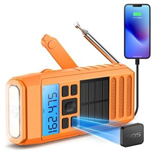 emergency weather radio, 2000mah rechargeable battery, led flashlight, hand crank radio with solar panel, am/fm/noaa alert, power bank/sos alarm/lcd screen/elastic strap, survival kits/camping gear