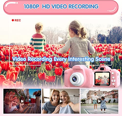 Acuvar Full 1080P Kids Selfie HD Compact Digital Photo and Video Rechargeable Camera with 32GB TF Card & 2" LCD Screen and Micro USB Charging Drop Proof (Pink)