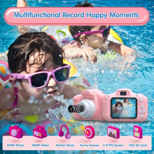 Acuvar Full 1080P Kids Selfie HD Compact Digital Photo and Video Rechargeable Camera with 32GB TF Card & 2" LCD Screen and Micro USB Charging Drop Proof (Pink)