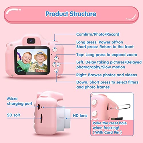 Acuvar Full 1080P Kids Selfie HD Compact Digital Photo and Video Rechargeable Camera with 32GB TF Card & 2" LCD Screen and Micro USB Charging Drop Proof (Pink)