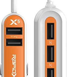 RapidX X5 Car Charger with 5 USB Ports for iPhone and Android - Orange