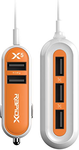 RapidX X5 Car Charger with 5 USB Ports for iPhone and Android - Orange