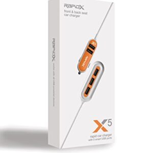 RapidX X5 Car Charger with 5 USB Ports for iPhone and Android - Orange