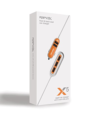 RapidX X5 Car Charger with 5 USB Ports for iPhone and Android - Orange