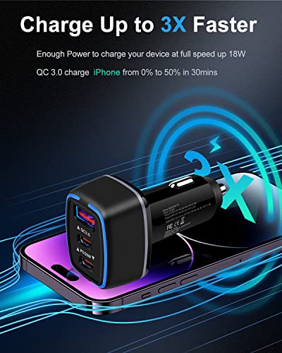 78W USB C Car Charger, Super Fast Charging Cigarette Lighter Adapter, 3 Port Power Delivery Auto Cargador for Samsung Galaxy S22 Ultra, Apple iPhone 14 Pro Max 13, iPad, Google Pixel, Kindle Fire, PS5