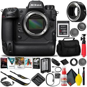 nikon z9 fx-format mirrorless camera body with ftz ii mount adapter (1669) + 32gb xqd memory card + editing software + camera bag + 12″ tripod + cleaning kit (renewed)