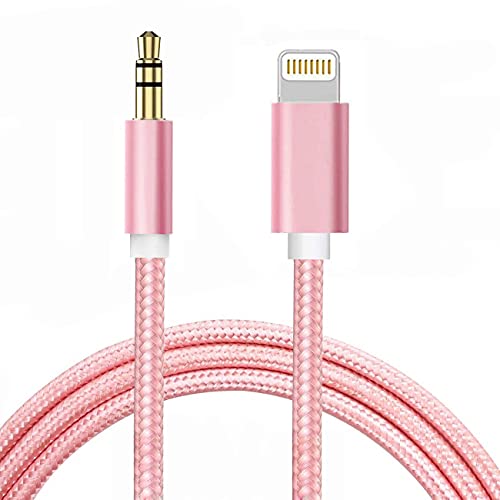 Aux Cord for iPhone, Lightning to 3.5mm Audio Nylon Braided Cable for iPhone 13 12 11 XS XR X 8 7 6 iPad iPod to Car/Home Stereo/Headphone/Speaker, Apple MFi Certified Headphone Jack Adapter (Pink)