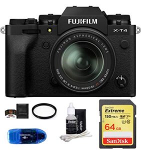 fujifilm x-t4 mirrorless digital camera with xf 18-55mm f/2.8-4 r lm ois lens (black) bundle, includes: sandisk 64gb extreme sdxc memory card, 58mm uv filter + more (6 items)