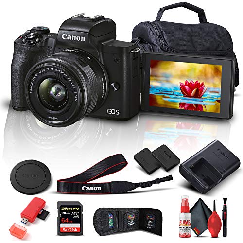 Canon EOS M50 Mark II Mirrorless Digital Camera with 15-45mm Lens (Black) (4728C006) + 64GB Extreme Pro Card + Extra LPE12 Battery + Case + Card Reader + Deluxe Cleaning Set + Memory Wallet + More