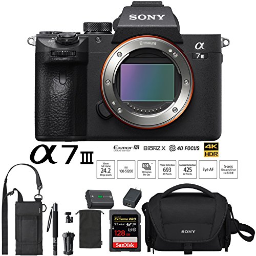 Sony a7III Full Frame Mirrorless Interchangeable Lens Camera Body Bundle with 128GB Memory Card, Monopod, and Soft Carrying Case for Cyber-Shot and Alpha Cameras