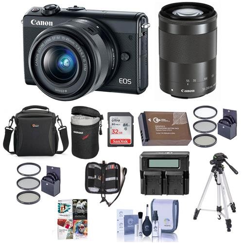 Canon EOS M100 Mirrorless Camera with EF-M 15-45mm f/3.5-6.3 is STM and EF-M 55-200mm f/4.5-6.3 is STM Lenses, Black - Bundle with Camera Bag, 32GB SDHC Card, 49/52mm Filter, Software Pack, and More