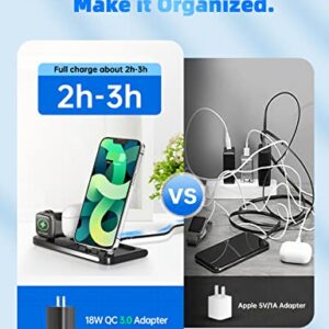 3 in 1 Charging Station for Multiple Apple Devices, Foldable Wireless Charger Stand for iPhone Series AirPods Pro/3/2/1, Fast Charging Dock for Apple Watch SE/7/6/5/4/3/2/1 with 18W Adapter