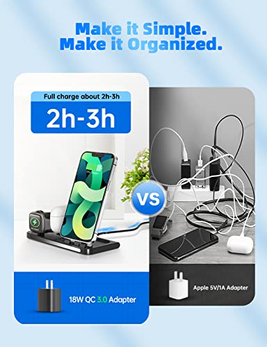 3 in 1 Charging Station for Multiple Apple Devices, Foldable Wireless Charger Stand for iPhone Series AirPods Pro/3/2/1, Fast Charging Dock for Apple Watch SE/7/6/5/4/3/2/1 with 18W Adapter