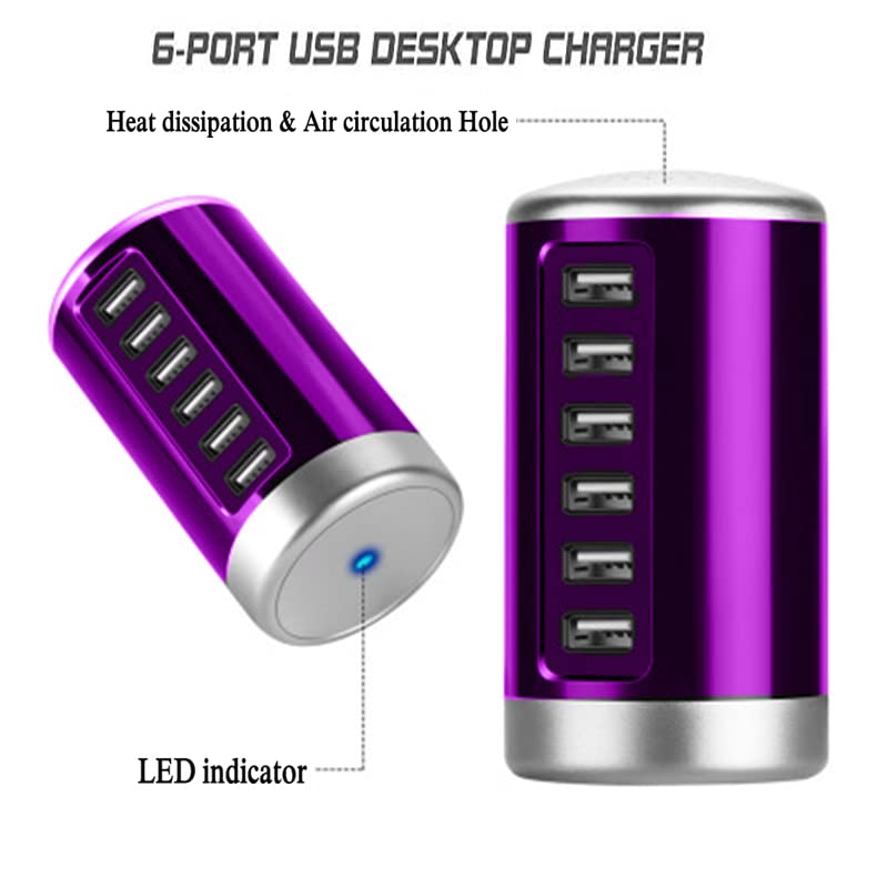 USB Charger USB Charging Station 30W 6-Port USB Desktop Charging Station Hub Wall Charger for iPhone iPad Tablets Smartphones Multi-Port Wall Charger (Purple)