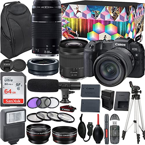 Camera Bundle for Canon EOS RP Mirrorless Camera with RF 24-105mm f/4-7.1 is STM Lens + EF 75-300mm f/4-5.6 III + Shotgun Microphone and Video Kit Accessories (64GB, Flash, and More) (Renewed)