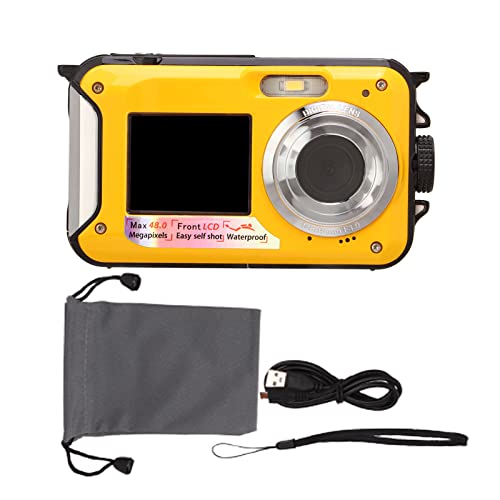 Pomya Full HD 2.7K 48MP Digital Camera, Double Screens 16X Digital Zoom Front Rear Camera, 10ft Waterproof Underwater Digital Camera for Indoor and Outdoor(Yellow)