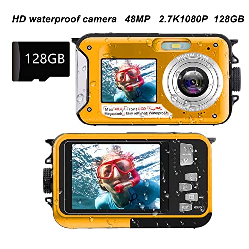 Pomya Full HD 2.7K 48MP Digital Camera, Double Screens 16X Digital Zoom Front Rear Camera, 10ft Waterproof Underwater Digital Camera for Indoor and Outdoor(Yellow)