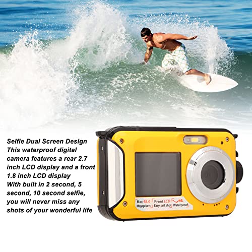 Pomya Full HD 2.7K 48MP Digital Camera, Double Screens 16X Digital Zoom Front Rear Camera, 10ft Waterproof Underwater Digital Camera for Indoor and Outdoor(Yellow)