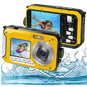 Pomya Full HD 2.7K 48MP Digital Camera, Double Screens 16X Digital Zoom Front Rear Camera, 10ft Waterproof Underwater Digital Camera for Indoor and Outdoor(Yellow)