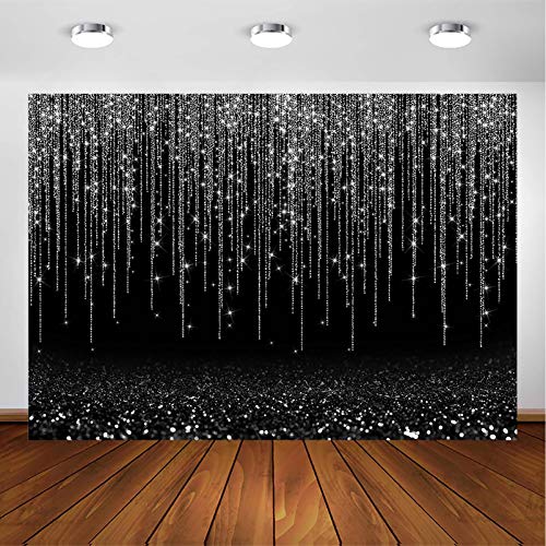 Avezano Black and Silver Glitter Sparkle Backdrop for Adult Kids Bday Party Decorations Photography Background Silver Black Bokeh Dots Wedding Birthday Party Decoration Photoshoot Backdrops (8x6ft)