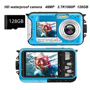 Pomya Digital Camera,Full HD 2.7K 48MP Dual Screens Waterproof Digital Camera, 16X Digital Zoom Front Rear Double Screens Waterproof Digital Camera,Gift for Kids Friends(Blue)