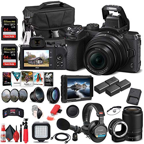 Nikon Z 50 Mirrorless Camera with 16-50mm Lens (1633) + 50-250mm Lens + 4K Monitor + FTZ Mount Adapter + Headphones + Mic + 3 x EN-EL25 Battery + 2 x 64GB Cards + More (International Model) (Renewed)