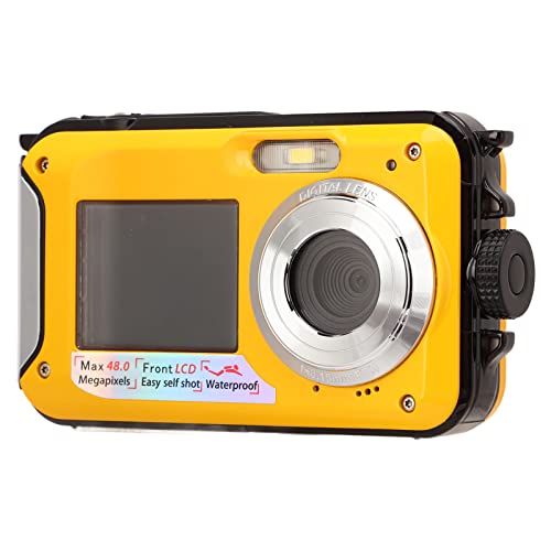 Pomya Digital Camera,Full HD 2.7K 48MP Dual Screens Waterproof Digital Camera, 16X Digital Zoom Front Rear Double Screens Waterproof Digital Camera,Gift for Kids Friends(Yellow)