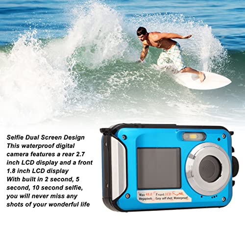 Pomya Full HD 2.7K 48MP Digital Camera, Double Screens 16X Digital Zoom Front Rear Camera, 10ft Waterproof Underwater Digital Camera for Indoor and Outdoor(Blue)