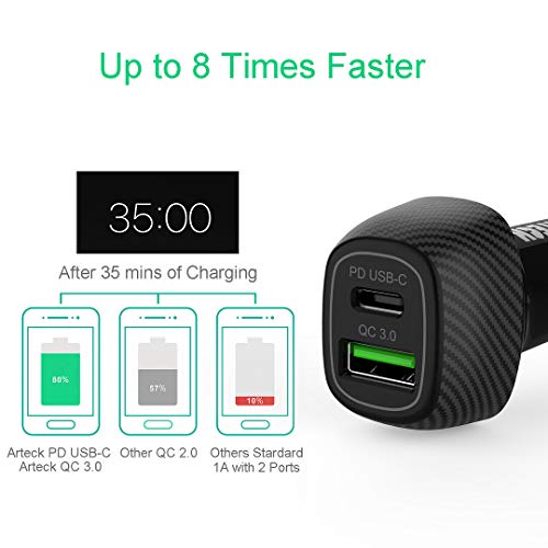 Car Charger, Arteck 40W/8A PD USB-C/Quick Charge 3.0 USB Port Adapter with 2 USB Port, Compatible iPhone 14 14 Pro 13 13 Pro Max 13 Mini 12 11 SE Xs Xr X, iPad, Samsung Galaxy Note Other Smartphone