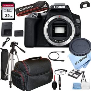 canon eos 250d (rebel sl3) dslr camera body only (no lens) + 32gb memory + case + tripod (20pc bundle) (renewed)