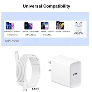 Fast Charger for iPhone【Apple MFi Certified】 20W USB C Wall Charger with 6.6FT Fast Charging Cable Portable Phone Charger Compatible with iPhone 14/14 Pro Max/13/13Pro/12/12 Pro/11,iPad,2 Pack, White