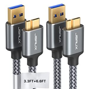 JSAUX [3.3FT+6.6FT] Micro USB 3.0 Cable, USB A Male to Micro B Cable 2 Pack External Hard Drive Cable Nylon Braided Cord for Samsung S5/Note 3, Camera, Toshiba, Seagate Hard Drive, WD Hard Drive-Grey